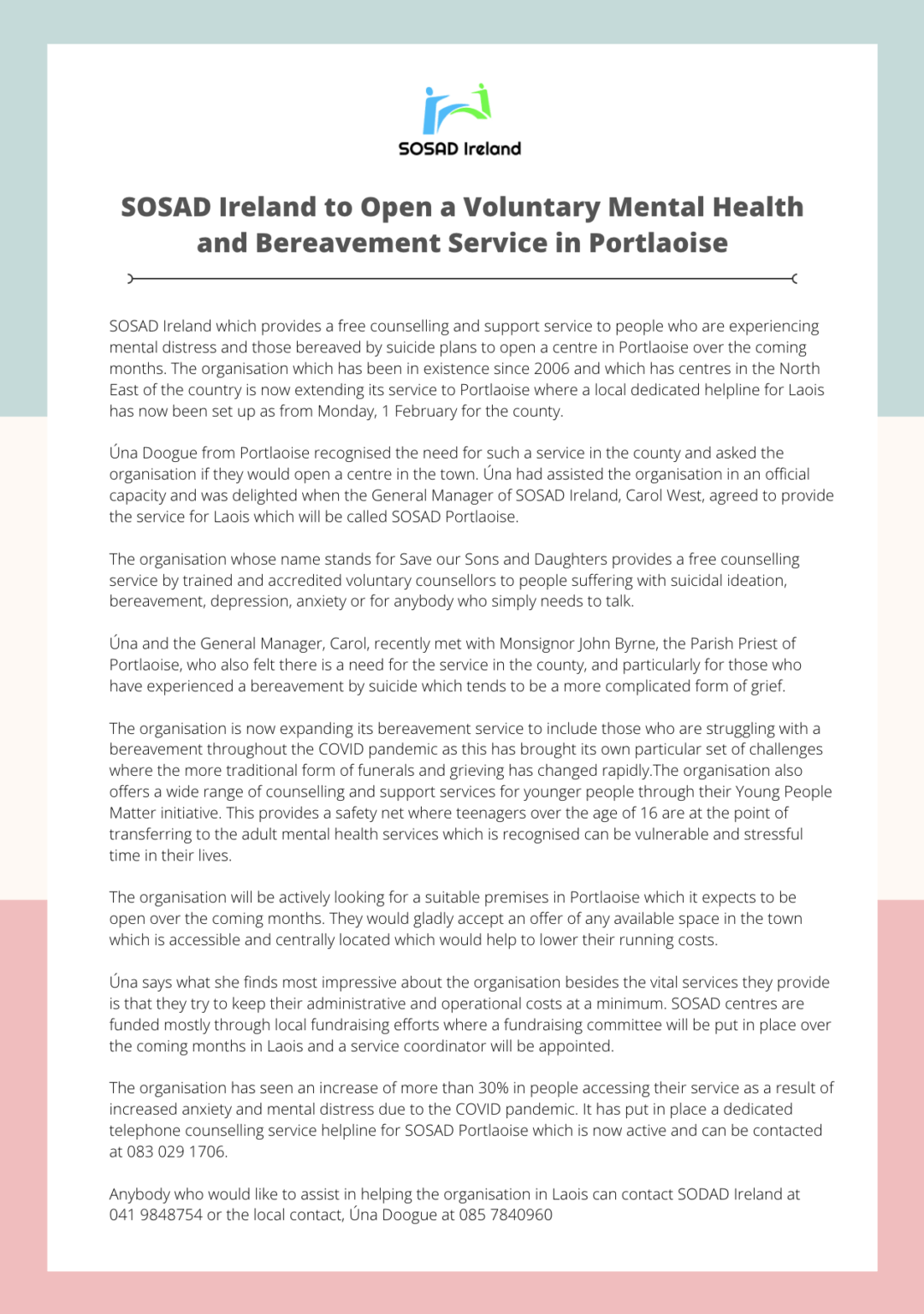 SOSAD Ireland to Open a Voluntary Mental Health and Bereavement Service ...